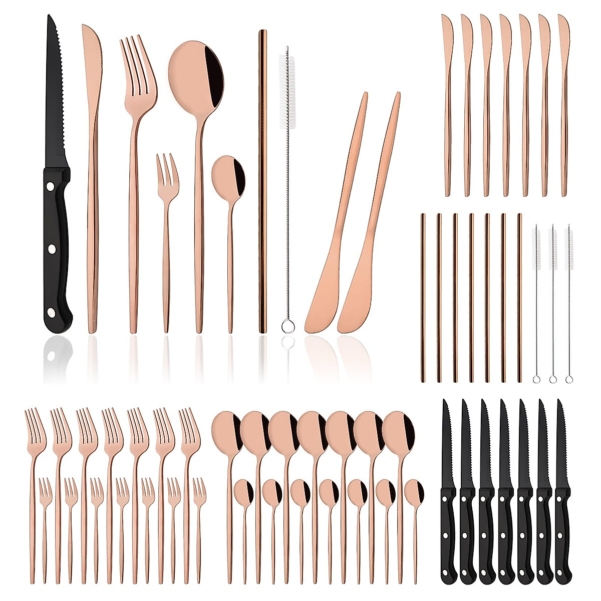 Uniturcky 62-Piece Rose Gold Flatware Set for 8 Stainless Steel Silverware Set with Steak Knives, Plus Reusable Metal Straws and Butter Knives, Party Tableware Cutlery Set, Mirror Polished