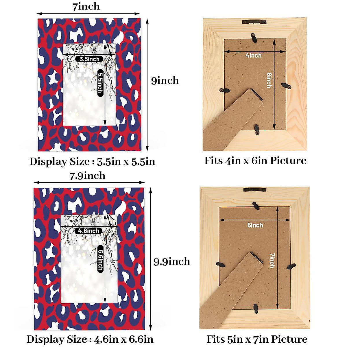 POFATO Leopard Print Blue Red 4x6 Picture Frame Wood Photo Frame for Tabletop Display Wall Mount Picture Frame Display 4x 6 Inch Photo Wall Decor Home Gift Frames