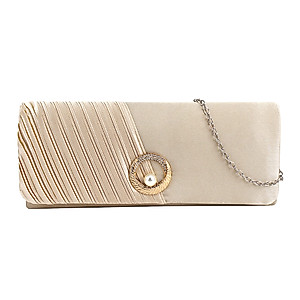 Reberomantic Women Satin Evening Bag Pearl Clutch Purses for Wedding Party Formal Crossbody Bag (Beige)