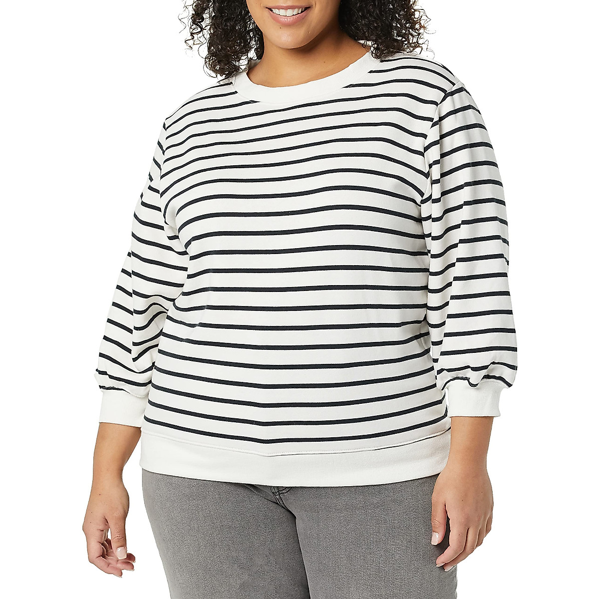 Amazon Essentials Women's Fleece Sleeve Detail Crewneck Sweatshirt, Black White Stripe, Medium