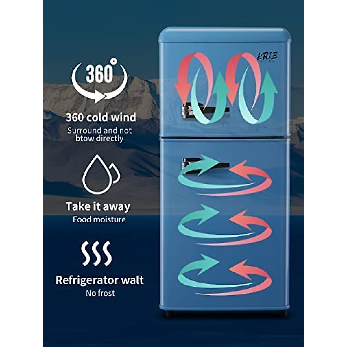 KRIB BLING Refrigerator with Freezer 3.5 Cu.Ft with 7 Level Adjustable Thermostat Control 2 Door Energy Saving Top-Freezer Compact Refrigerator Blue