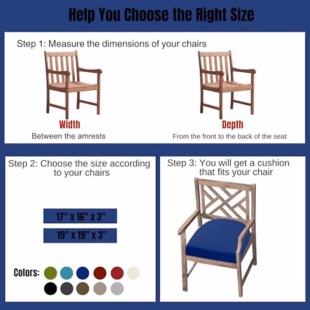 idee-home Outdoor Chair Cushions Set, Thick 3" Outdoor Seat Cushions Patio Furniture Waterproof with Ties, Dining Pads