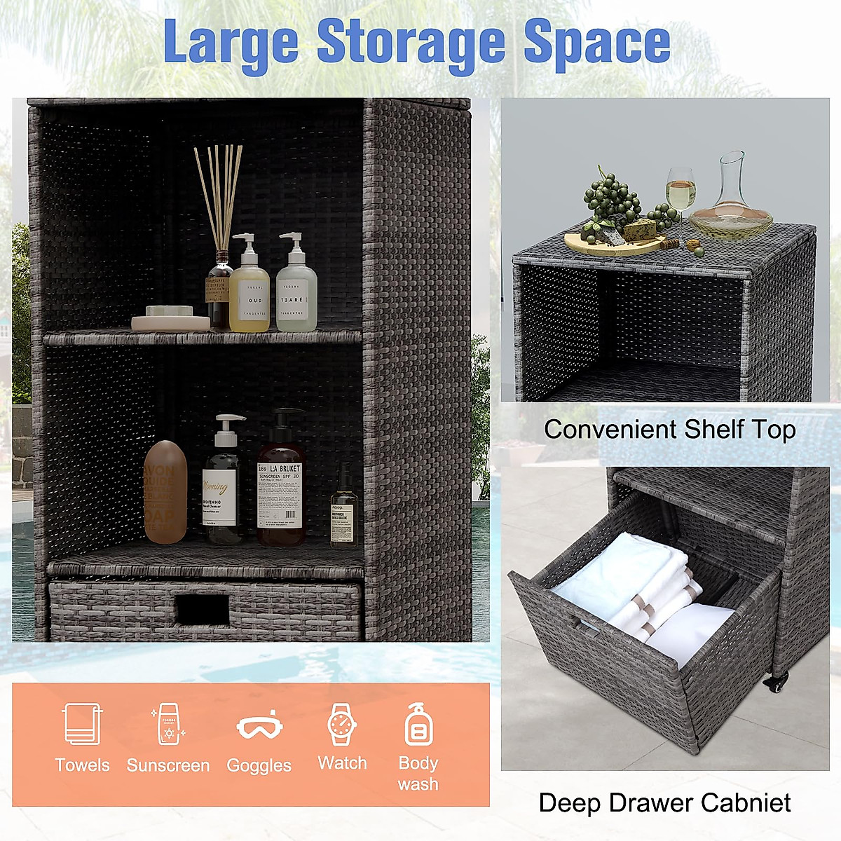 Kinpaw Pool Towel Rack Outdoor Storage Cabinet - 49” High Pool Towel Rack with with Storage Shelves & Drawer & Caters, Patio Wicker Towel Holder for Pool Area Outside, Hot Tub, Spa, Gray