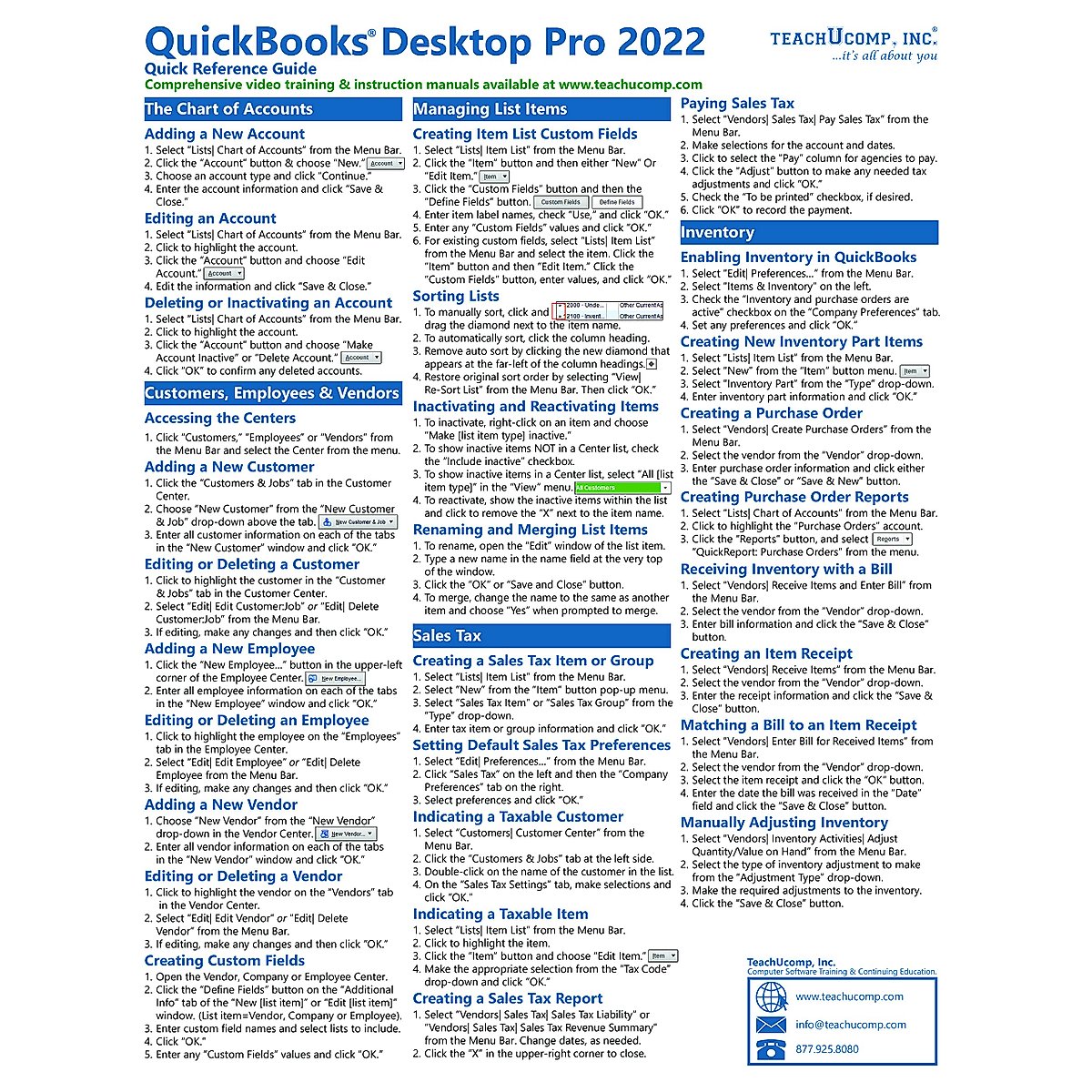 QuickBooks Desktop Pro 2022 Quick Reference Training Card - Laminated Tutorial Guide Cheat Sheet (Instructions and Tips)