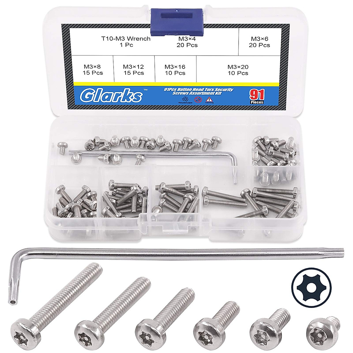 Glarks 91Pcs M3 x 6mm 8mm 12mm 16mm 20mm Pan Head Torx Security Screws 304 Stainless Steel Tamper Resistant Screws Assortment Set