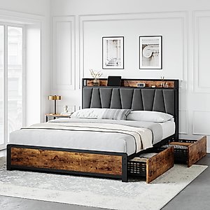 GAOMON Queen Size Bed Frame with Storage Linen Upholstered Headboard, 4 Drawers Platform Bed Frame with Charging Station, No Box Spring Needed, Easy Assembly, Vintage Brown
