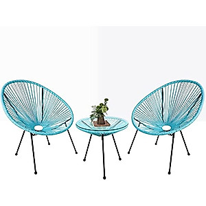 Patiomore 3-Piece Acapulco Chairs Set Rattan Outdoor Furniture Set, All- Weather Patio Conversation Bistro Set with 2 Woven Chairs and 1 Glass Table for Indoor, Balcony, Lawn Garden-Blue