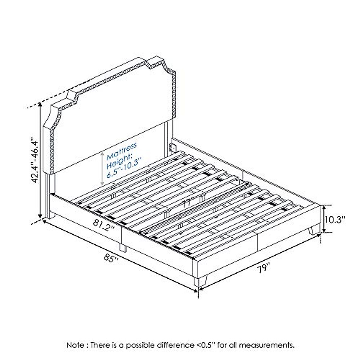 Furinno Nadia Nailhead Trim Bed Frame, King, Gray
