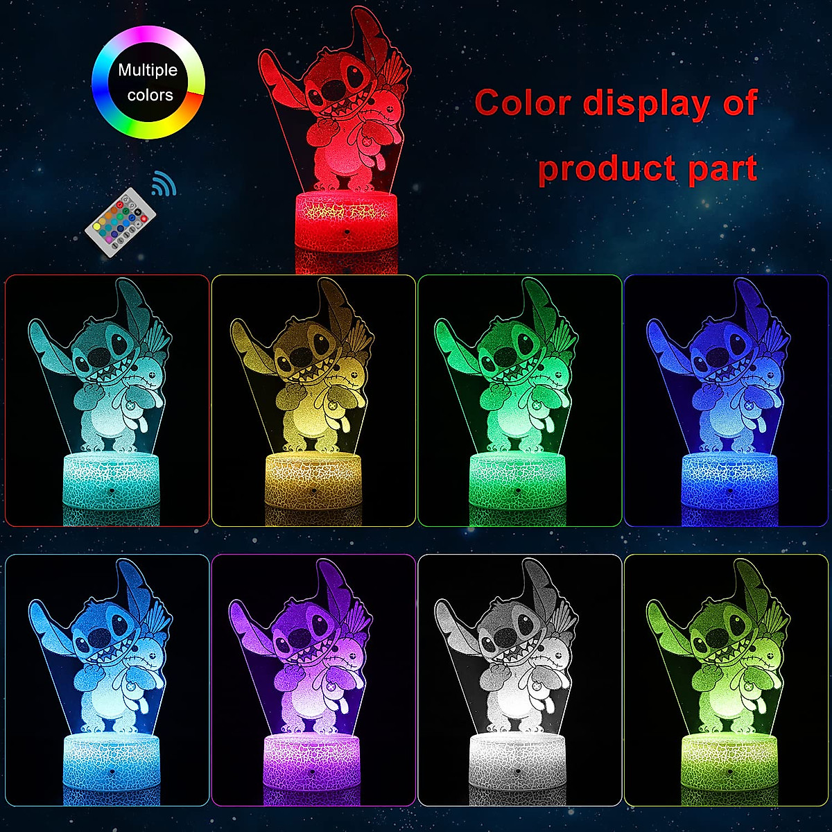 DRYLF Stitch Gifts for Girls Stitch Night Light with Remote & Smart Touch 16 Colors Changing Dimmable Stitch Lamp Cool Room Decor Bedside Lamp for Bedroom Boys Girls