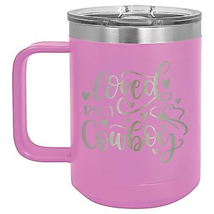LOVED BY A COWBOY Light Pink 15 oz Coffee Cup w/Slide Top Lid | Insulated Travel Coffee Mug | Birthday Or Christmas Gift Ideas From Women or Men | Compare To Yeti Rambler | ONLYGIFTS.COM