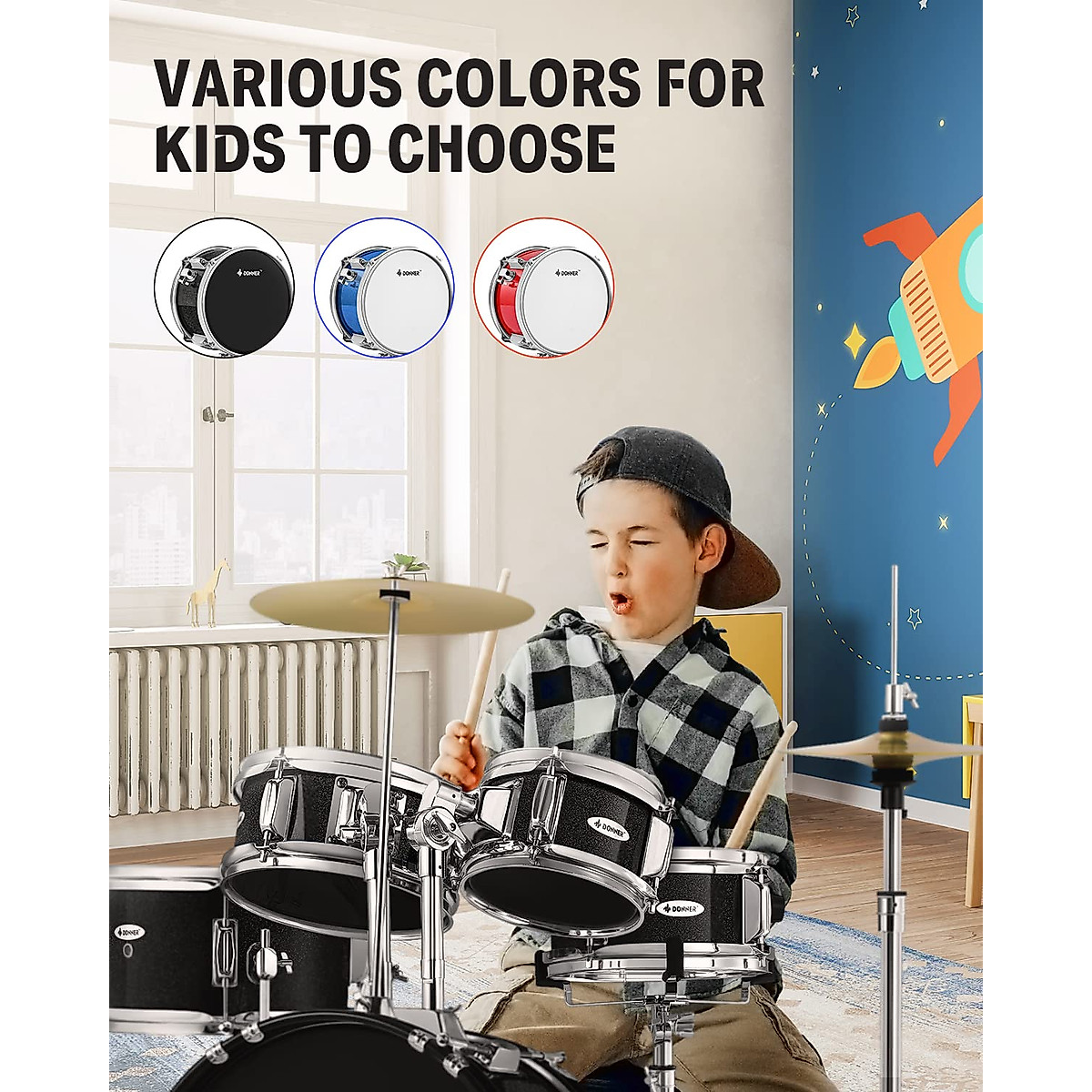 Kid Drum Sets-Donner 5-Piece for Beginners, 14 inch Full Size Complete Junior Drum Kit with Adjustable Throne, Cymbal, Hi-Hat, Pedal & Drumstick, Metallic Black
