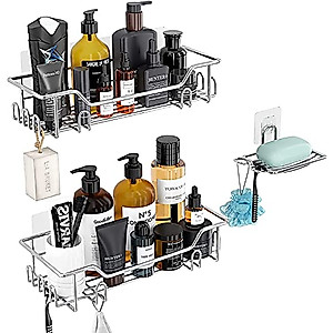 KeFanta Adhesive Shower Shelves,Shower Caddy Organizer with 18 Hooks,Drilling Free Razor Shower Shampoo Soap Holder,3 Pack Shower Racks for Inside Shower,Stainless Steel/Silver