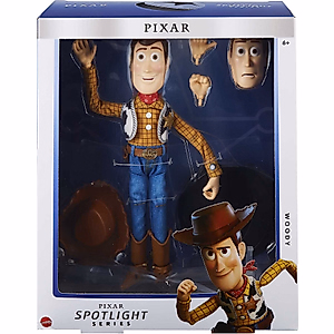 Mattel Pixar Spotlight Series Woody Figure, Disney Pixar Toy Story Collectable, 9.2-in Tall with 2 Hand Sets, 2 Expressions, Articulation & Display Box with Reversible Background