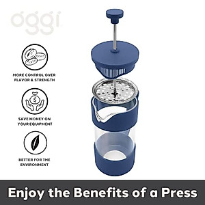 Oggi French Press Coffee Maker (12oz)- Borosilicate Glass, Coffee Press, Single Cup French Press, 3 cup Capacity, Blue