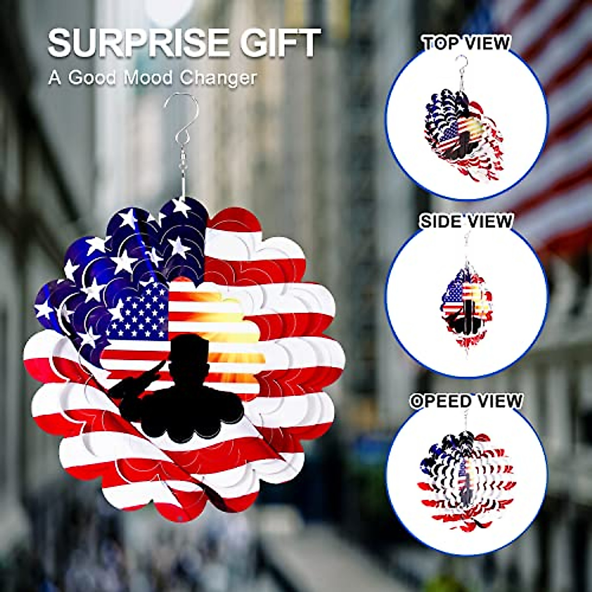 Metal Wind Spinners - 3D Patriotic Wind Spinner for Yard and Garden Kinetic Wind Sculpture American Flag Spinner Hanging Decor 12in Wind Catchers & Spinners Outdoor Art Ornaments Gifts