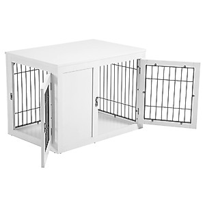 PawHut Dog Crate Furniture Wire Indoor Pet Kennel Cage, End Table with Double Doors, Locks for Small and Medium Dog House, White
