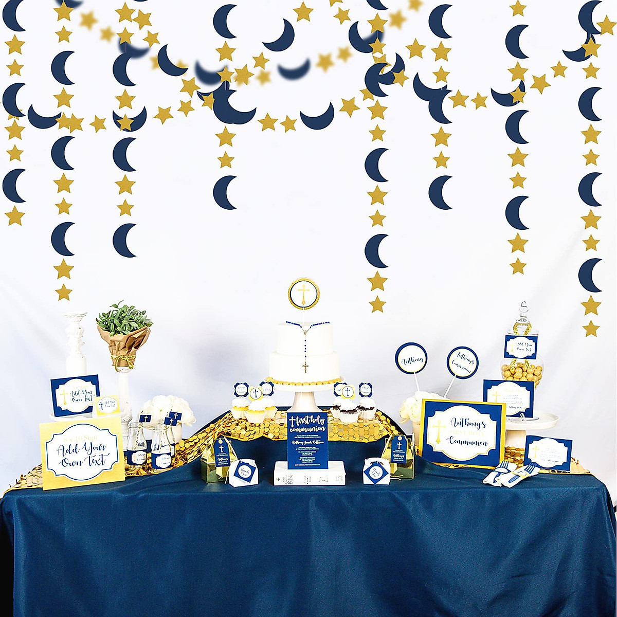 Navy-Blue Gold Moon-Star Party-Decorations Garland - 52Ft Twinkle Little Star Hanging Decoration Streamers Banner, Eid Ramadan Mubarak Decoration Birthday Wedding Baby Shower Party Decor Panduola