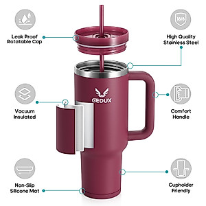 Gedux 40oz Tumbler With Handle, 2-IN-1 Leak Proof Lid (Straw/Flip), Insulated Water Bottle, Stainless Steel Tumbler with Non-Slip Silicone, Wide Mouth Travel Mug Cupholder Friendly Dishwasher Safe