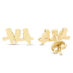 Tiny Lovely Three Birds Line Post Stud Earrings Jewelry For Women in 14k Gold Over Sterling Silver With Push Back (yellow-gold-plated-silver)