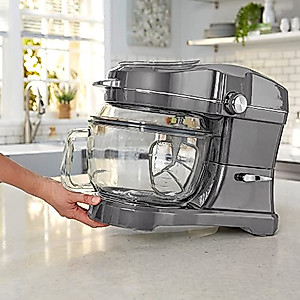 Kenmore Elite Ovation 5 Qt Stand Mixer, 500 Watts, with Revolutionary Pour-In Top, Tilt Head, Flat Beater, Whisk, Dough Hook, 360-degree Splash Guard, Glass Bowl, LED Light, Metallic Grey