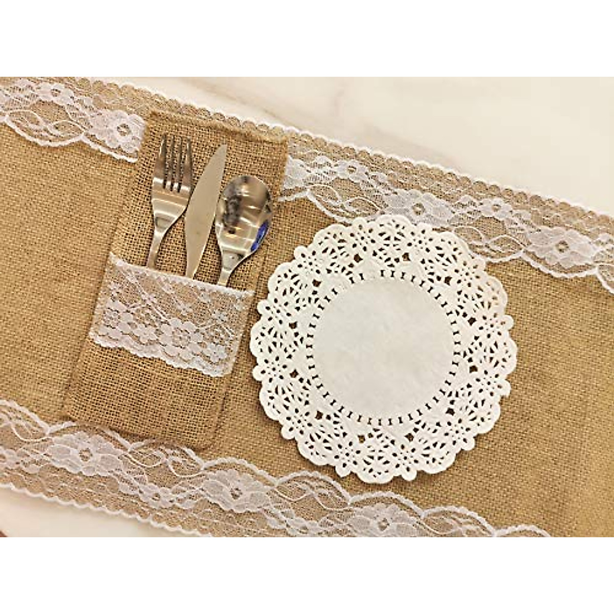 Lucky Monet 50PCS 4 x 8Inch Natural Burlap Lace Silverware Bag Utensil Holder Cutlery Pouch Hessian Knife Fork Tableware Bags for Wedding Party Restaurant Decoration (50PCS)