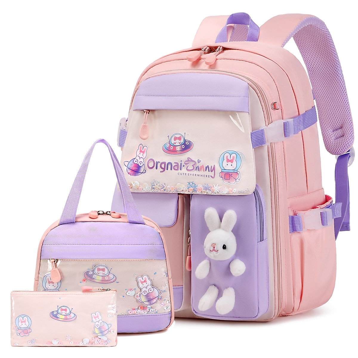 FIXITOK Girls Backpack Set, 3PCS Kids Backpack for Girls, Kawaii Bunny School Backpacks for Girls Kindergarten Elementary Preschool Middle School Bags with Lunch Box Pencil Case Pink