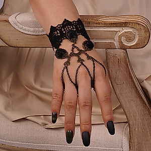 Missgrace Dainty Vintage Gothic Halloween Black Lace Bracelet with Ring Bangle Bracelet Metal Black Crystal Charm Steampunk Lace Black Slave Hand Chain Tassel Bracelet Rings for Women