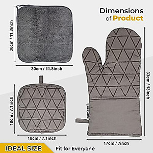Oven Mitts & Pot Holders Sets - Kitchen Gloves & Towel Gift Box Set Gray 6Pcs by COOK TIDY - 13” Xtra Large Thick Washable - Professional & Heavy Duty - Protective Long Cuff for Cooking, Baking, BBQ