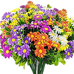 Guagb 10 Bundles Artificial Daisies Plastic Flowers Outdoor UV Resistant Fake Daisy Faux Greenery Shrubs Plants for Home Window Box Garden Planter Farmhouse Indoor Outside Decorations (Multi-Color)