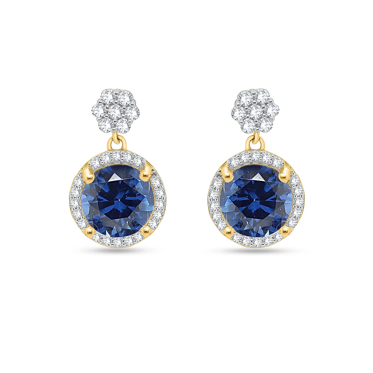Shineadime 6MM Round Shape Simulated Blue Sapphire and White Cubic Zirconia Floral Halo Prong Set Drop Dangle Earrings with Screw Back in 14K Yellow Gold Plated 925 Sterling Silver Gift for Womens