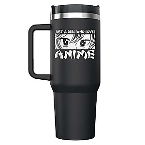 shop4ever Just A Girl Who Loves Anime Engraved Insulated Stainless Steel Tumbler with Handle, Lid, and Straw 40 oz. Anime Fans Anime Lovers Birthday Gift (Black)