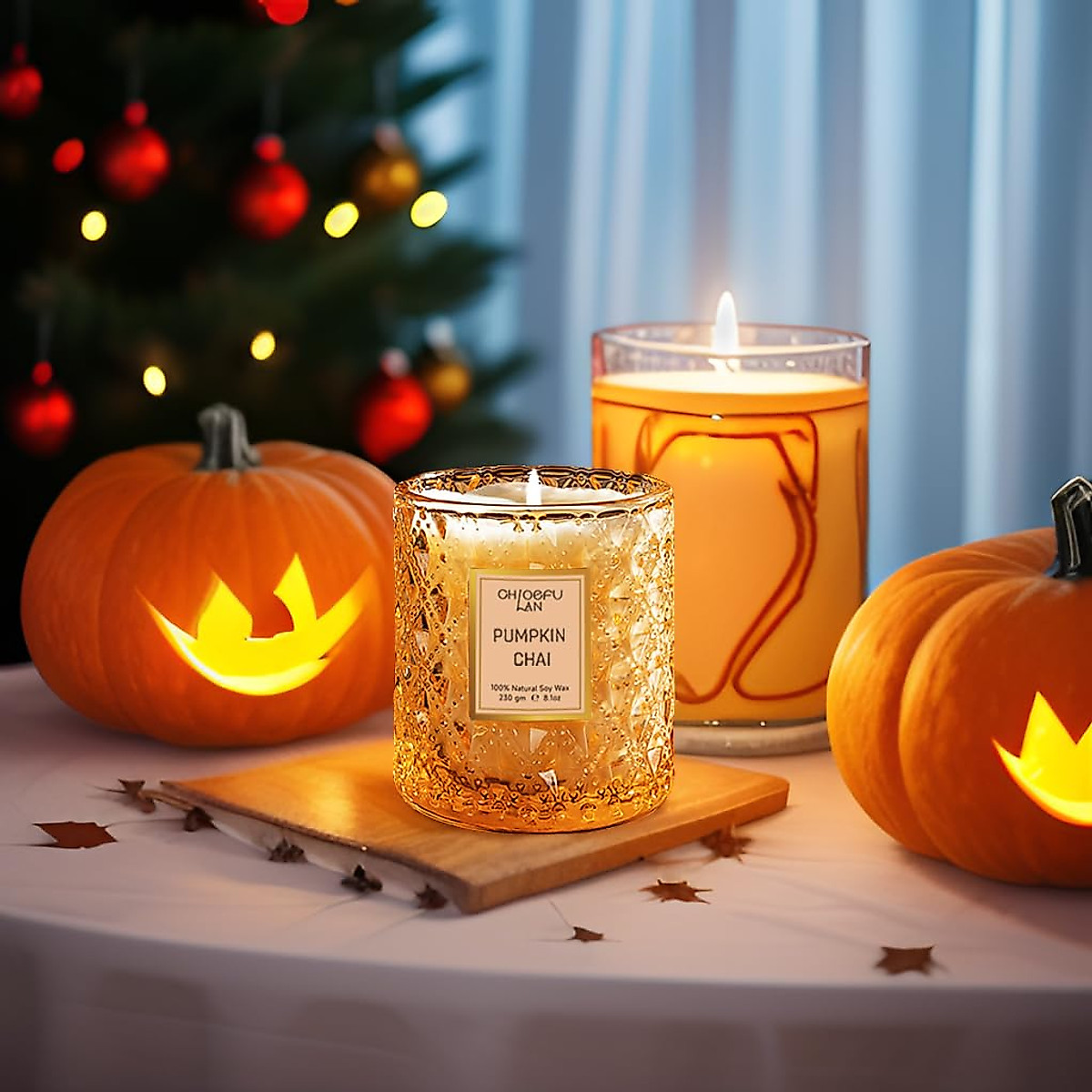 Chloefu LAN Pumpkin Chai Scented Candles Halloween Candles Gift, Farmhouse Candles for Home Scented, Luxury Scented Soy Jar Fall Candles with up to 55 Hour Long Lasting, Home Decor, 8.1oz