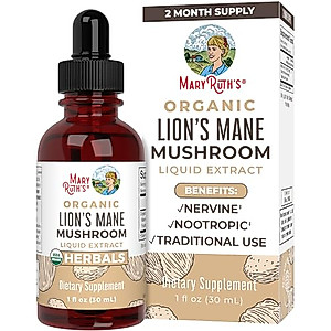MaryRuth Organics Lions Mane Mushroom Supplement, Upto 2 Month Supply, Nootropic USDA Organic Lions Mane Extract Nervine Herbal Liquid Drops, Brain Health Non-GMO Vegan Alcohol Free Tincture, 1 Fl Oz