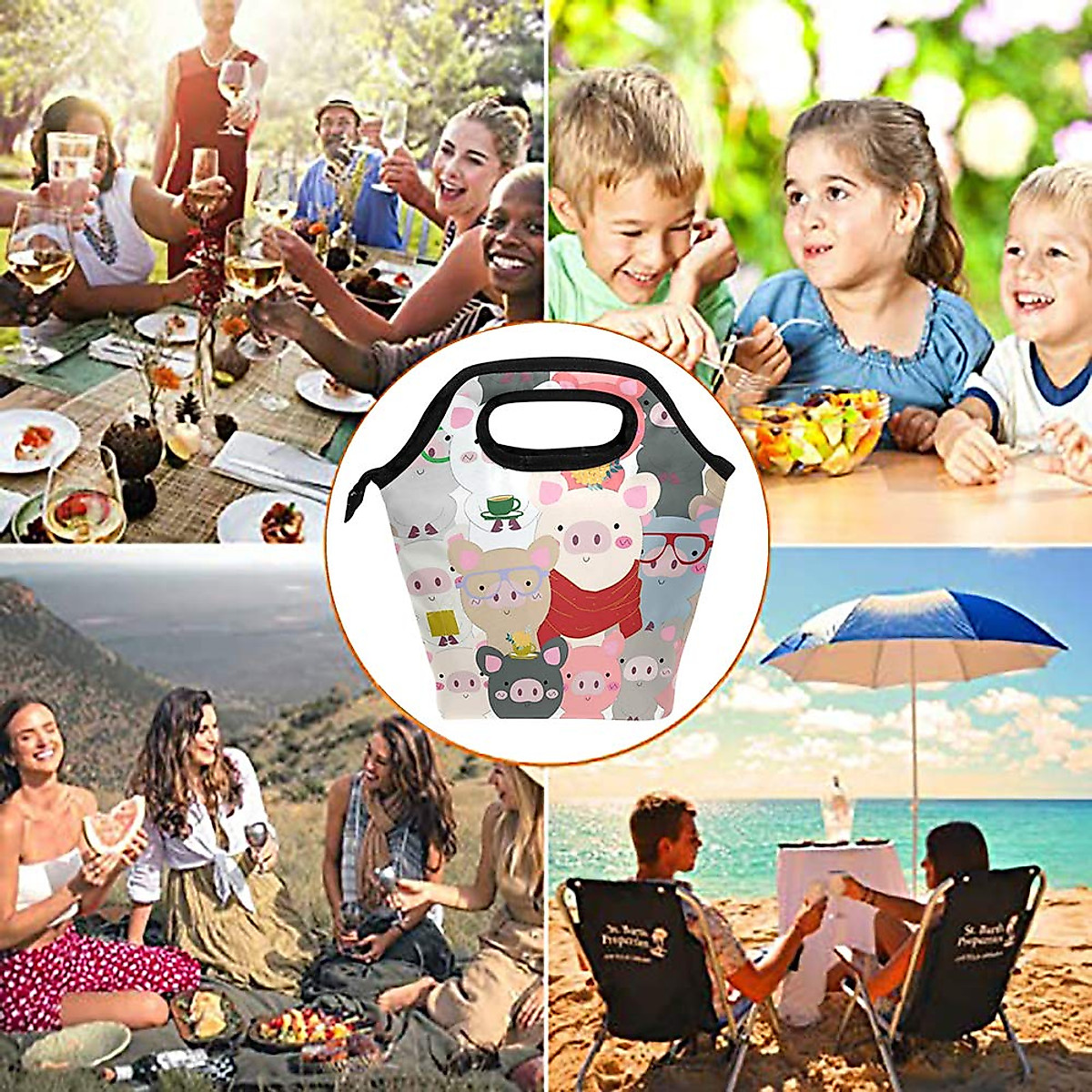 Cartoon Funny Baby Pig Lunch Bag Insulated Lunch Box Pink Red Animal Lunch Tote Bag Snacks Organizer for Women Men Adults College Work Picnic Hiking Beach Fishing