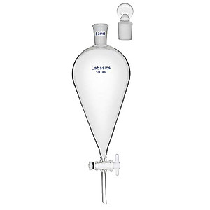 Labasics Borosilicate Glass 1000ml Conical Separatory Funnel with PTFE Stopcock, 1000mL