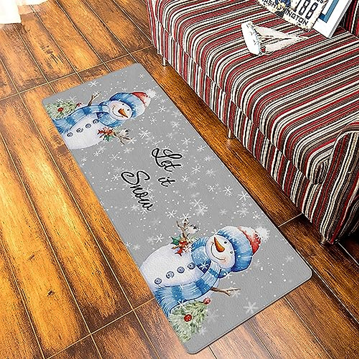Grey Snowman Antifatigue Kitchen Bath Door Mat Cushioned Runner Rug,Washable Welcome Floor Sink Mat,Waterproof Non-Slip Comfort Standing Doormat,Christmas Winter Snowflake Bird Berry 18"x30"