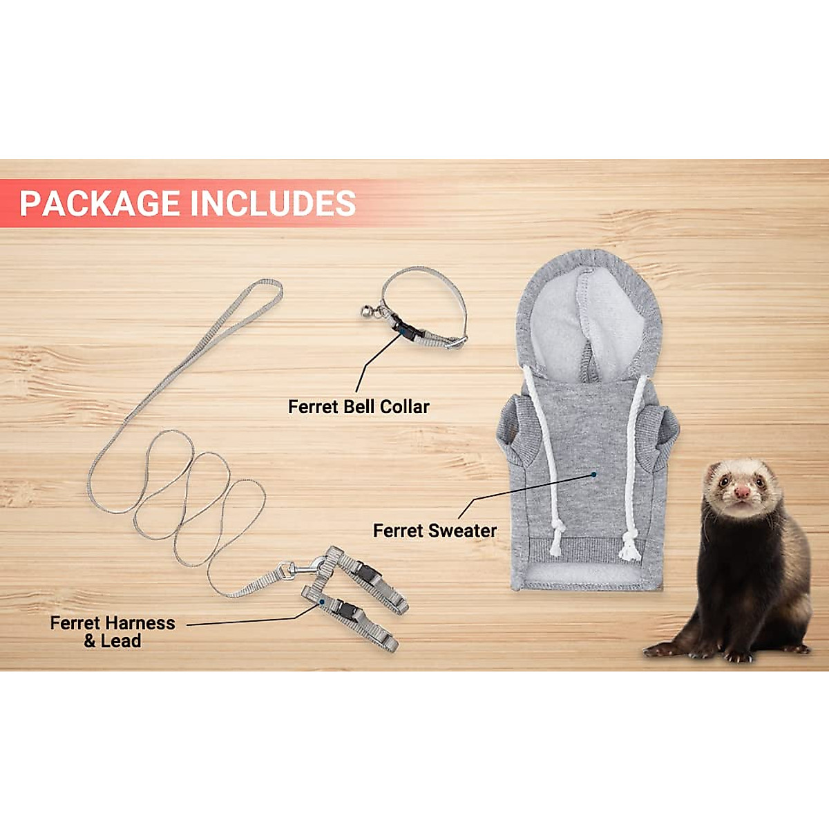 Ferret Sweater, Leash and Collar Set - Ferret Costume - Ferret Accessories - Small Ferret Clothes - Clothes for Ferrets - Ferret Stuff - Hoodies for Ferrets with Leash, Harness, and Collar