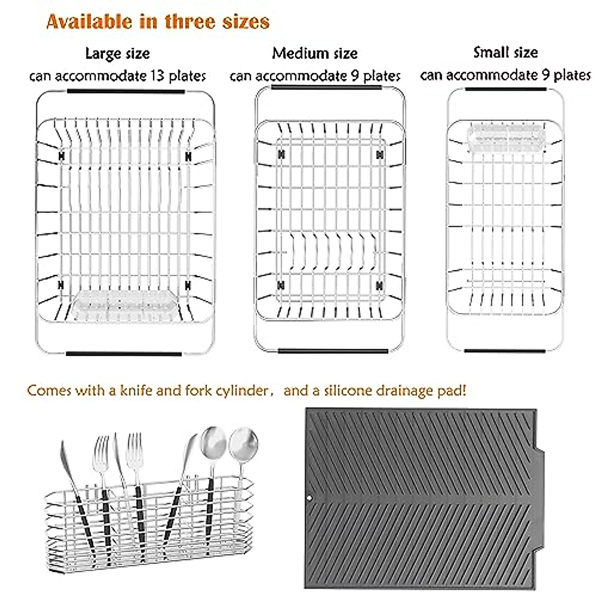 YEECOPON Dish Rack in Sink, Expandable Over The Sink Dish Drying Rack with Utensil Holder and Silicone Drainage pad (Medium + 16" Silicone pad)