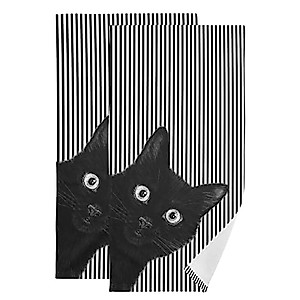 Black Cat Hand Towels Set of 2 Vertical Stripe Absorbent Soft Dry Towel Dish Towels for Bathroom Laundry Room Spa Decor