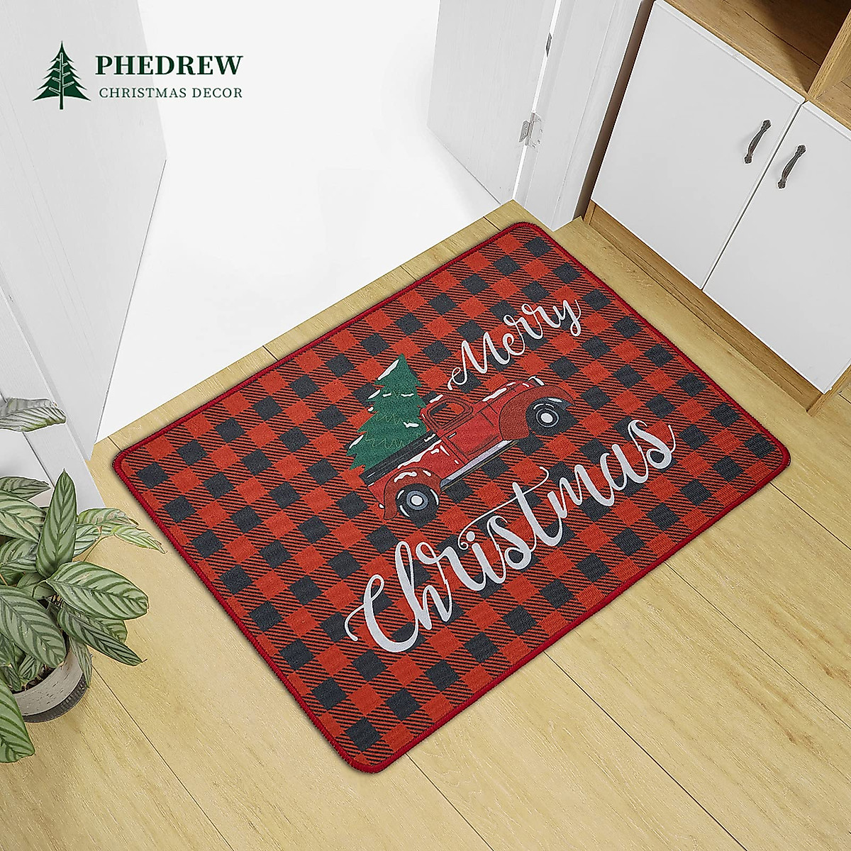 Phedrew Non-Slip Christmas Rugs Christmas Mats 20 x 28 Inches, Christmas Tree Red Truck Buffalo Plaid Holiday Rugs Winter Welcome Doormats Floor Mat for Outdoor Indoor Xmas Rug Home Garden Decorative