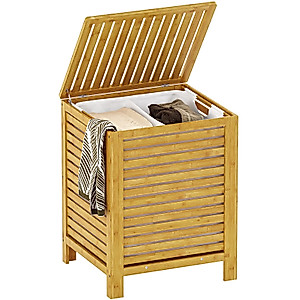 VIAGDO Laundry Hamper with Lid, 120L Large Divided Clothes Hamper, Bamboo Laundry Basket with 2 Sections Removable Liner Bag, 17.7x17.7x25.8 Inches, Natural