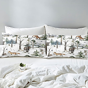 VIVIHOME 2PCS Woodland Animals Duvet Cover Set, Twin Bedding Sets, White Duvet Cover, Wildlife Rabbit Fox Deer Elk Moose Bear Camping Hunting Lodge Cabin Country Rustic Farmhouse Bedding, 1 Pillowcase