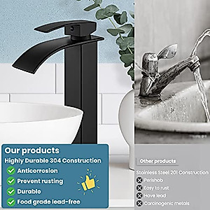 Vessel Sink Faucet Waterfall Spout Deck Mount Bathroom Matte Black Stainless Steel 304 Bowl Basin One Hole One Handle Mixer Tap with Pop Up Drain