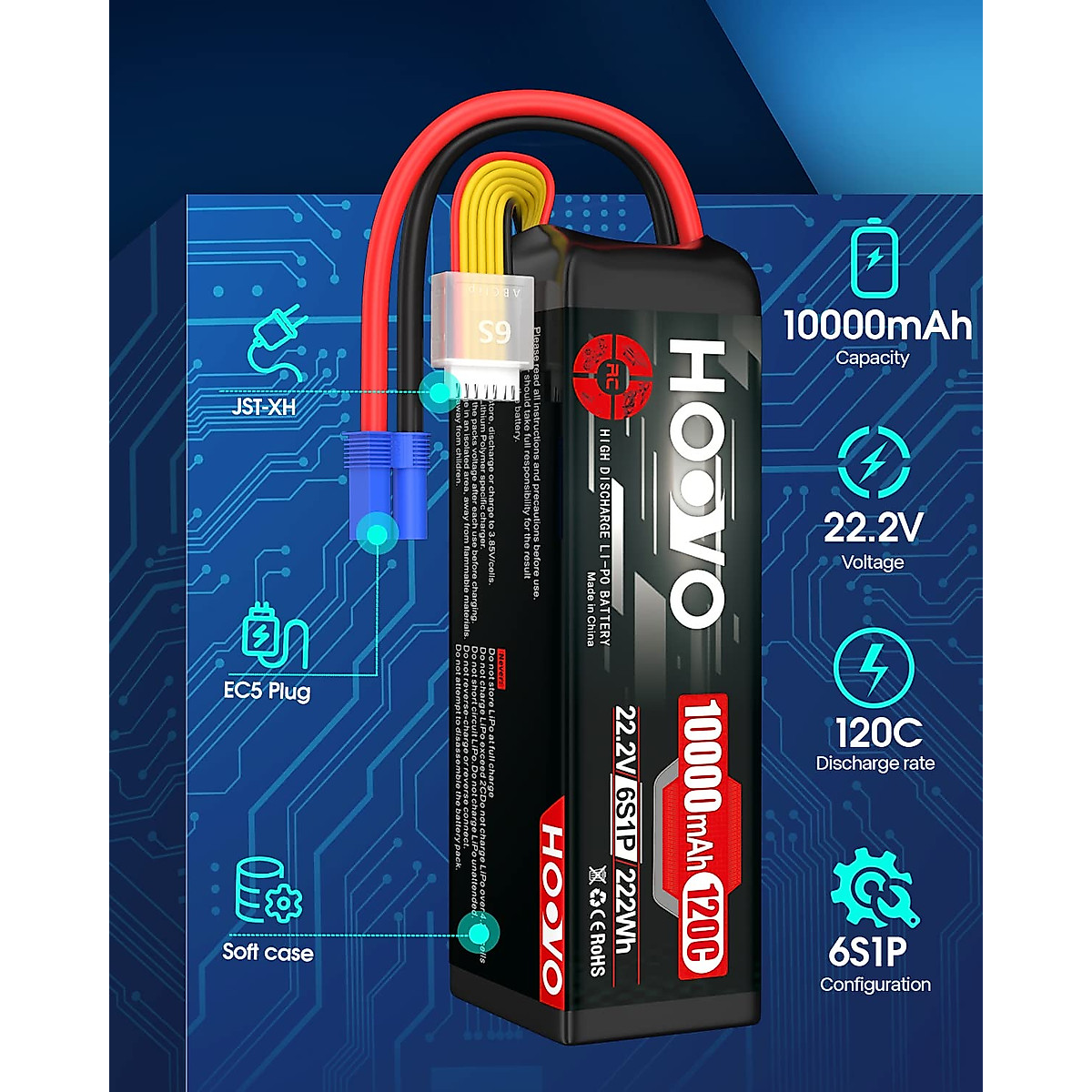 HOOVO 6S Lipo Battery 22.2V 10000mAh 120C RC Battery EC5 Plug Soft Case Compatible for RC Cars, Drones, DJI, FPV, RC Plane, Racing Hobby 2 Pack