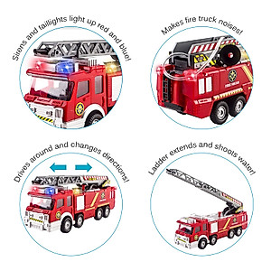 Fire Truck Toy Rescue with Shooting Water, Lights and Sirens Sounds, Extending Ladder and Water Pump Hose to Shoot Water, Bump and Go Action by Vokodo