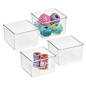mDesign Stackable Plastic Craft, Sewing, Crochet Storage Container Box with Handles- Compact Organizer Bin, Holder for Thread, Beads, Ribbon, Glitter, Clay - 4 Pack, Includes 32 Labels - Clear