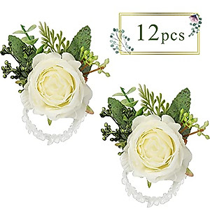 12 Pcs Rose Wrist Corsage Bracelets Wedding Bridal Wrist Flower Hand Flower Decor Wrist Flower Wristband for Bride Bridesmaid Homecoming Prom Party Decor (White Elegant)