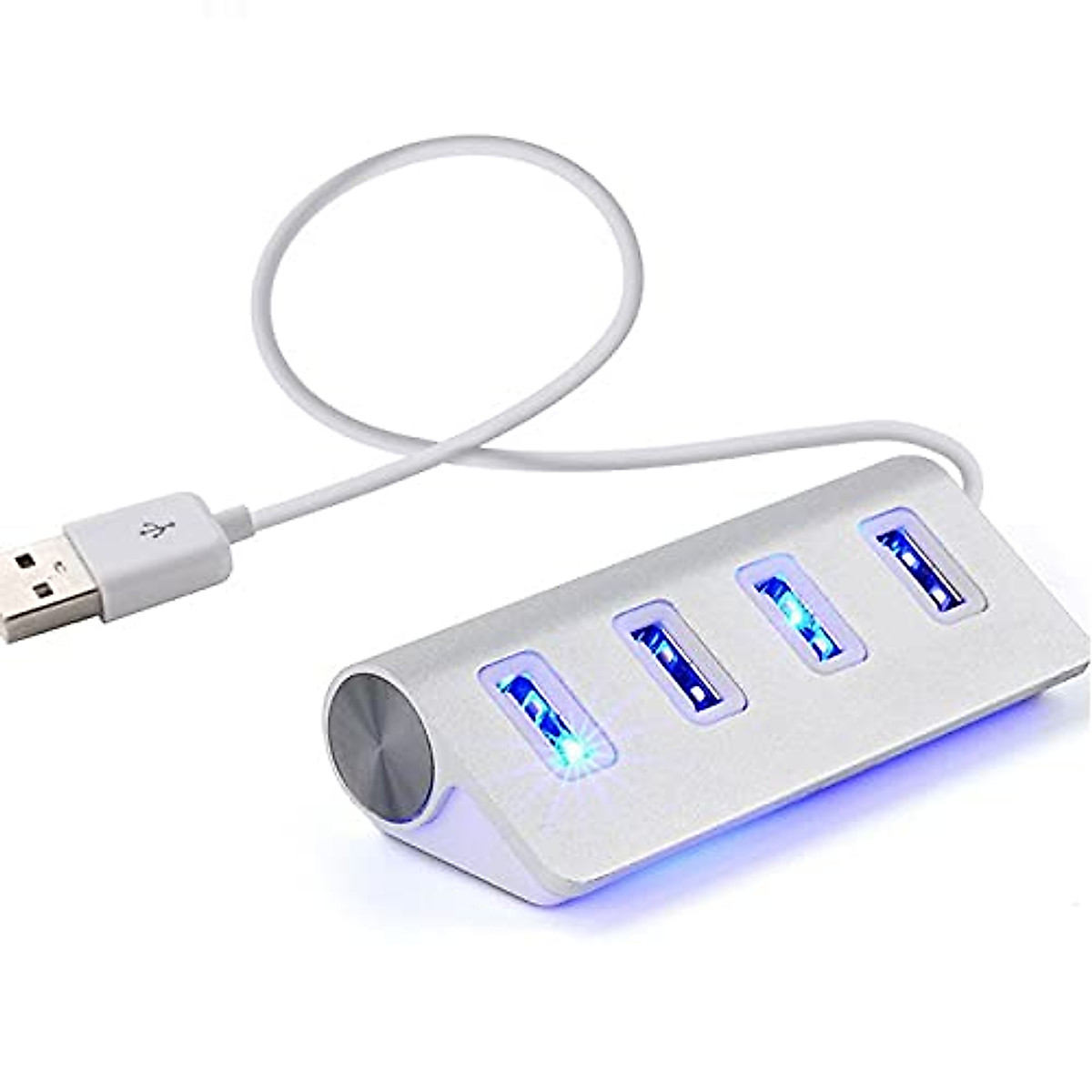 4 Port 2.0 USB Hub Aluminum Alloy Blue LED Portable Adapter Cable Splitter