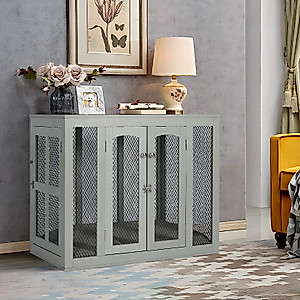 IDEE Furniture Style Dog House Dog Crate with Double Doors, Cushion and Tray, Wooden End Table Indoor Pet Bed for Large Dogs (Large, Gray)