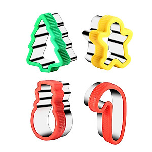 Tmflexe Stainless Steel Christmas Cookie Cutters with Comfort Grip for Christmas Party and Baking Gift, Happy Gingerbread Man,Christmas Tree,Candy Cane,Snowman 4 Styles